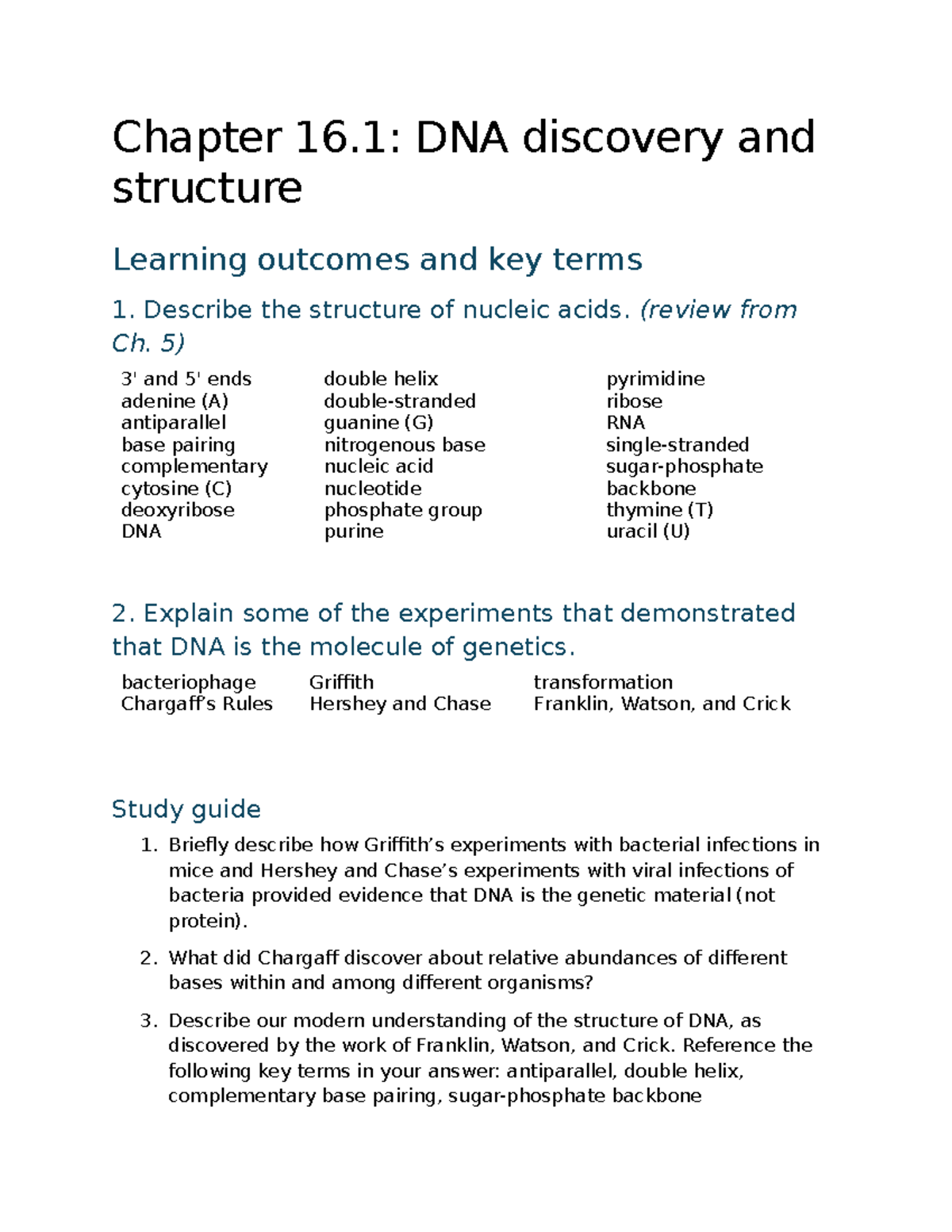 Chapter 16.1: DNA Discovery & Structure - Study Guide - Studocu