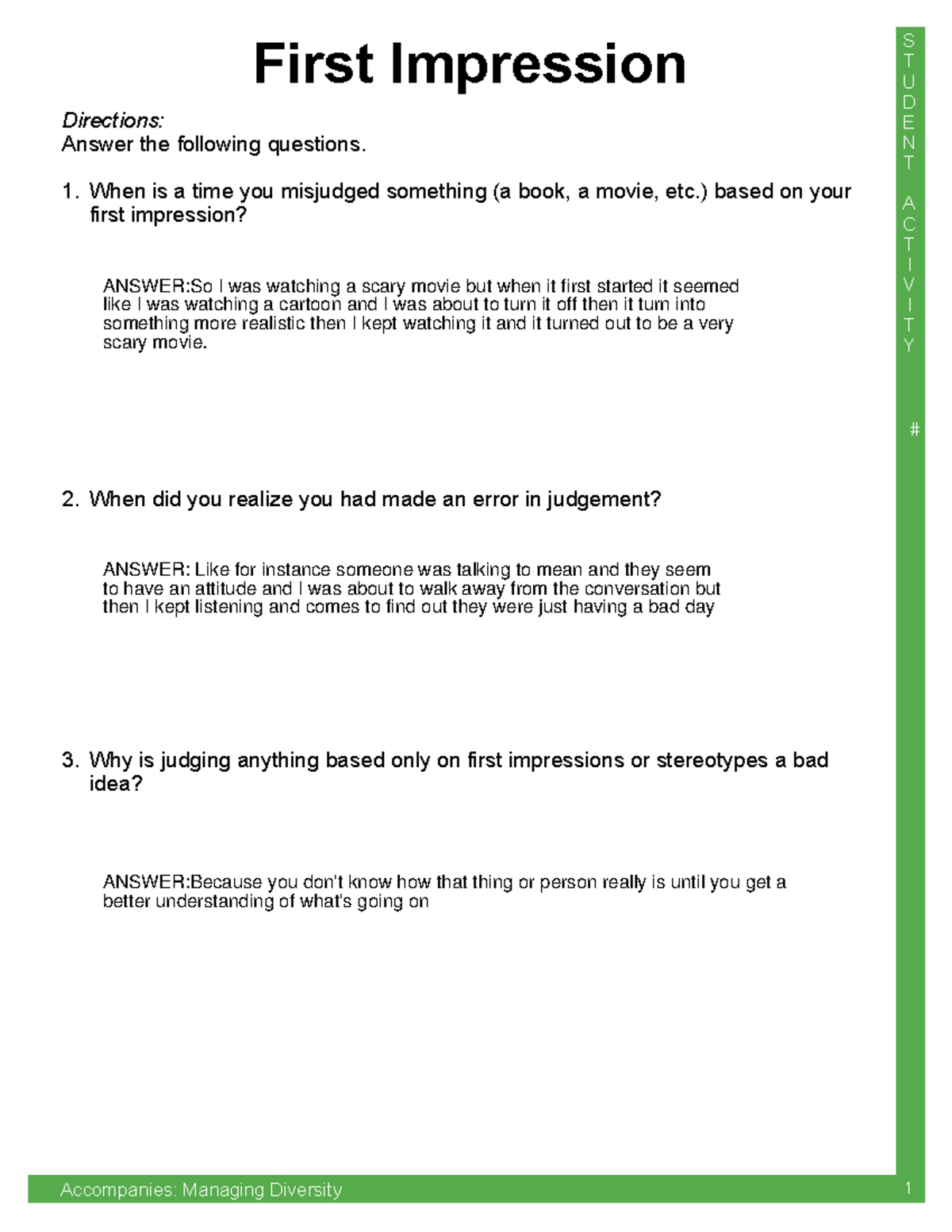Activity - First Impression Reflection: Managing Diversity 1 - Studocu