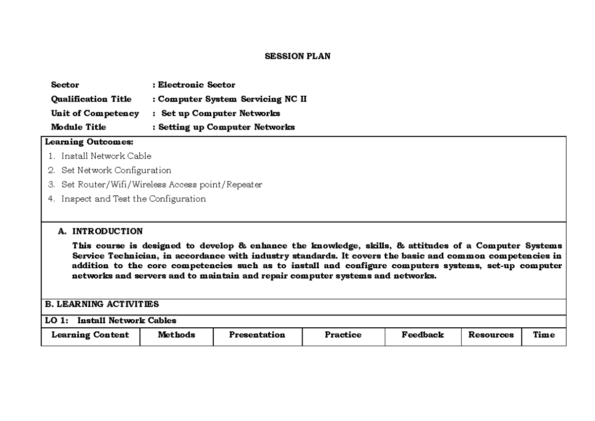 Setup Computer Networks NC II: Comprehensive Session Plan - Studocu