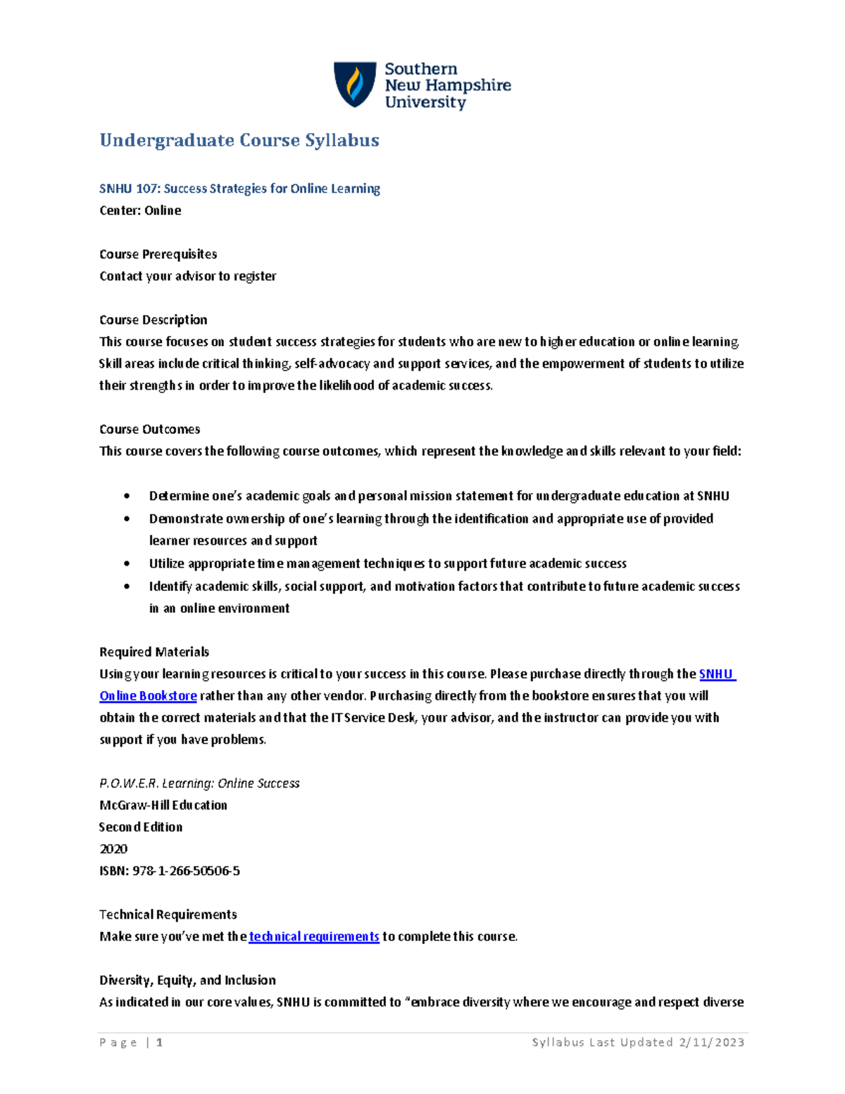 SNHU 107 Course Syllabus: Success Strategies for Online Learning - Studocu