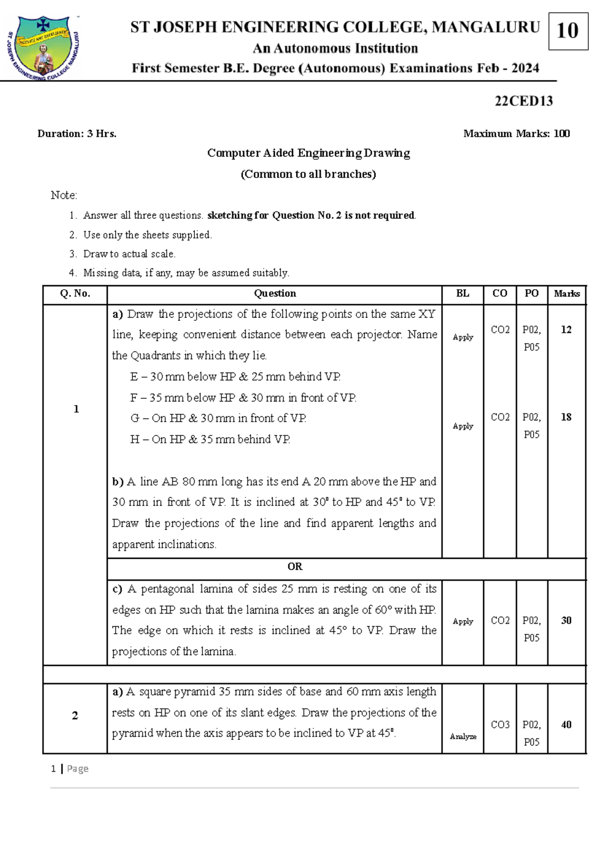 CAED QP 10 - Computer Aided Engineering Drawing Exam - Studocu