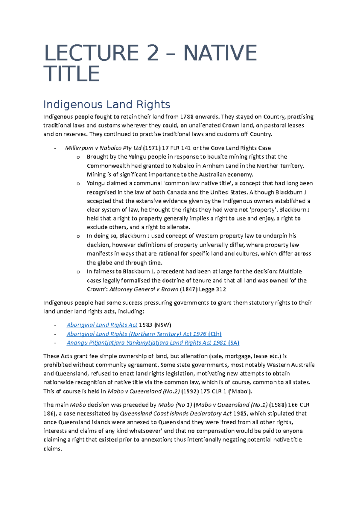 2 - Native Title - Notes - LECTURE 2 – NATIVE TITLE Indigenous Land ...