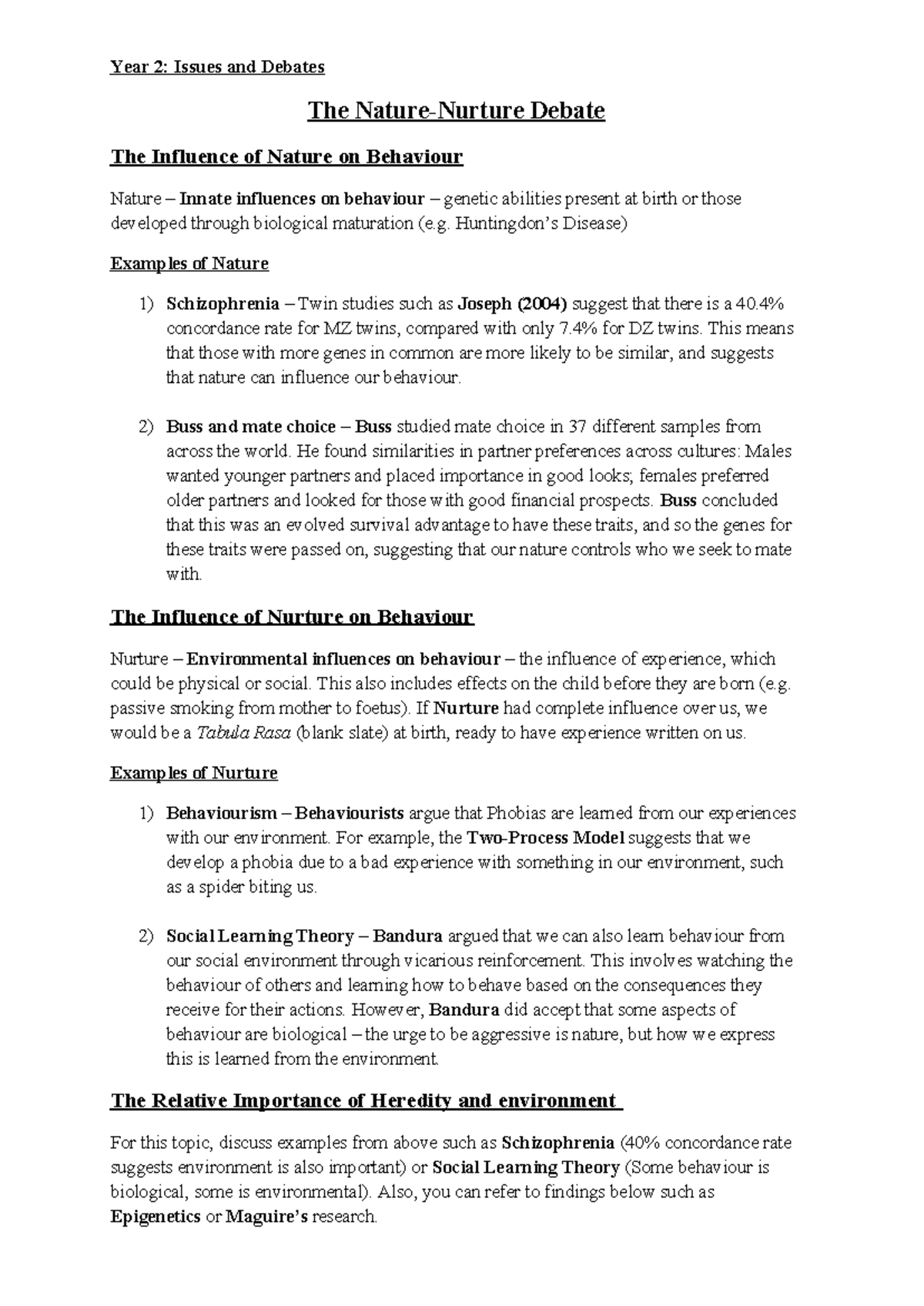 Nature v Nurture notes - Year 2: Issues and Debates The Nature-Nurture ...