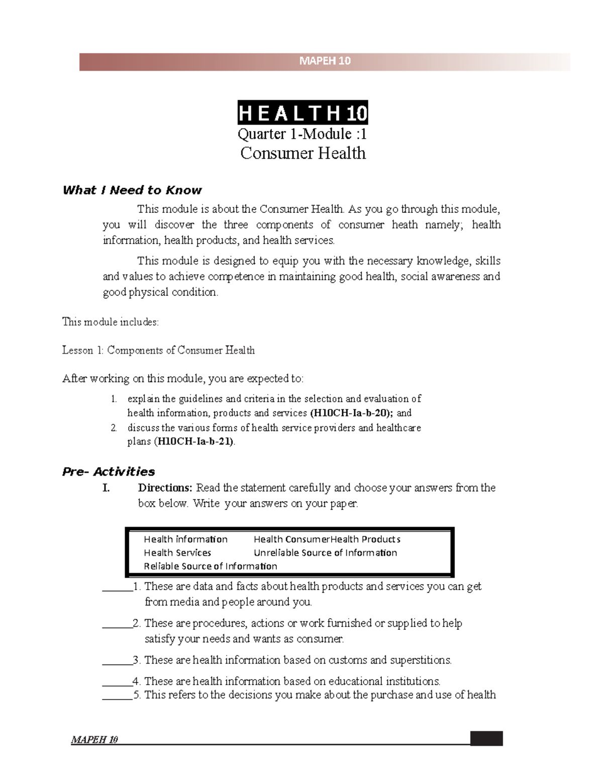 MAPEH 10 - Q1 Module: Understanding Consumer Health Components - Studocu