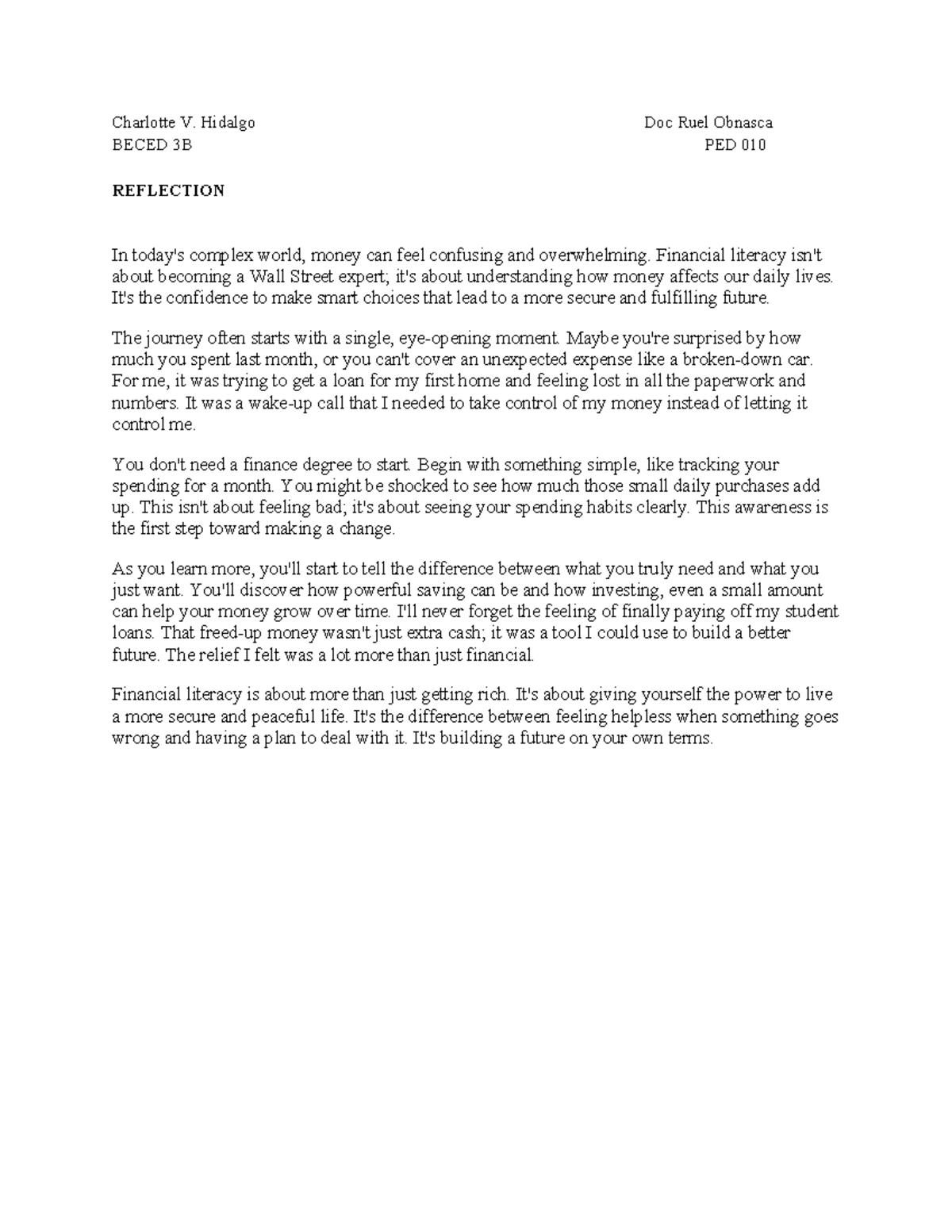 Financial Literacy Reflection: Insights on Money Management BECED 3B ...