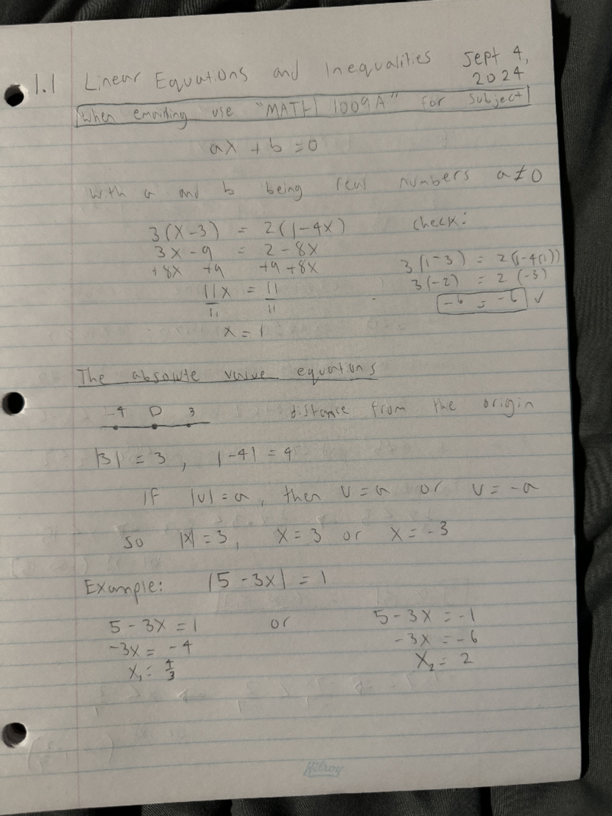 1.1 Linear Equations & Inequalities - 1009A - Study Notes Sept 2024 ...