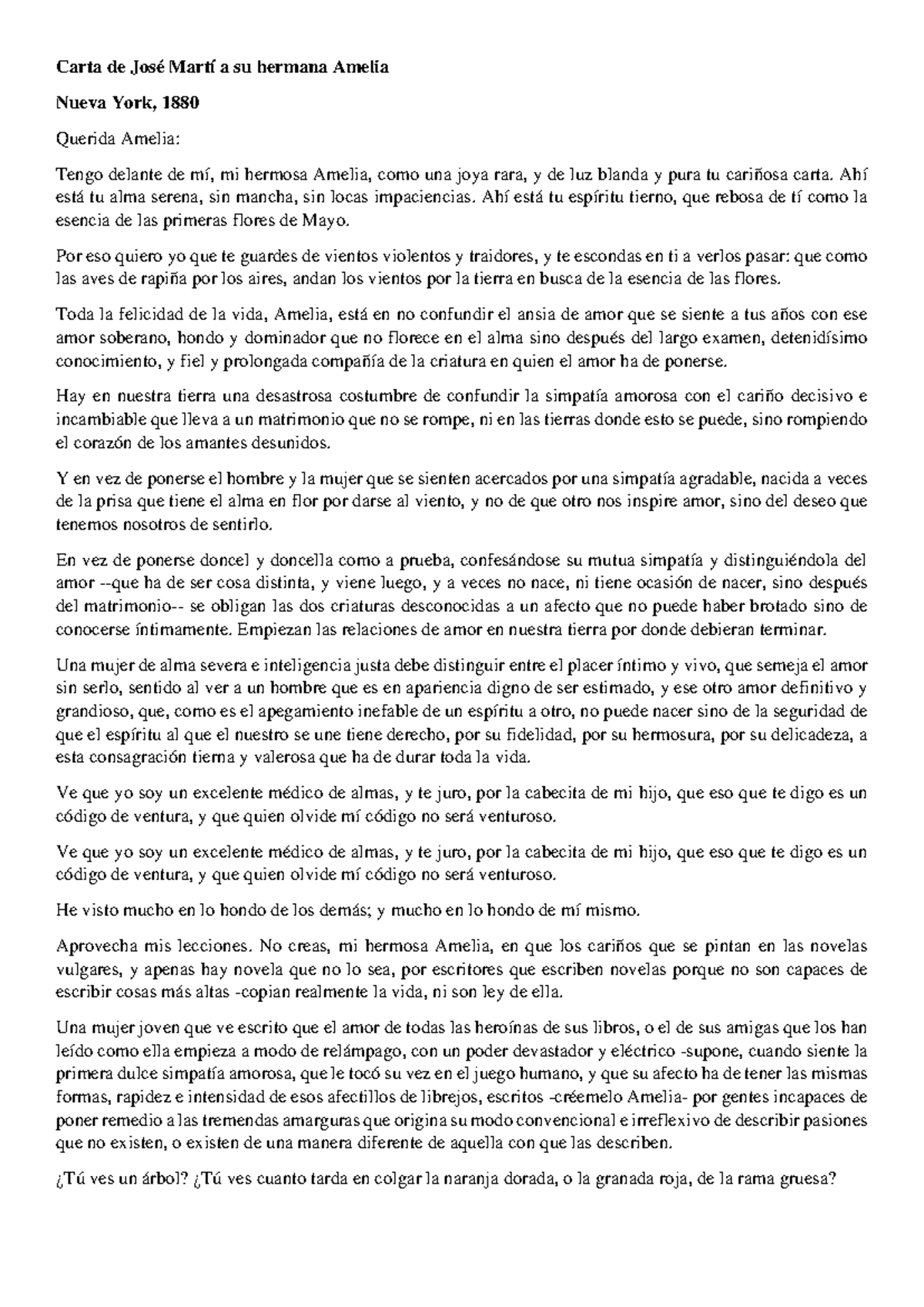 Carta de José Martí a Amelia: Reflexiones sobre el Amor - Studocu