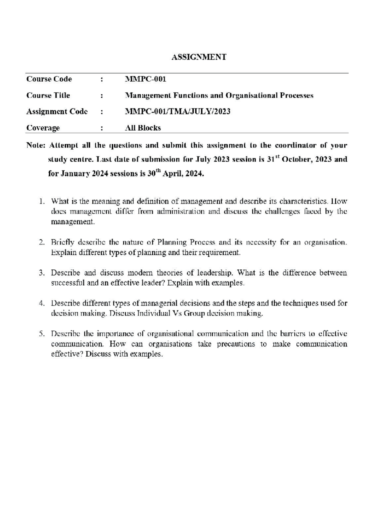 MMPC001 Comprehensive Assignment Questions for Management & HR - Studocu