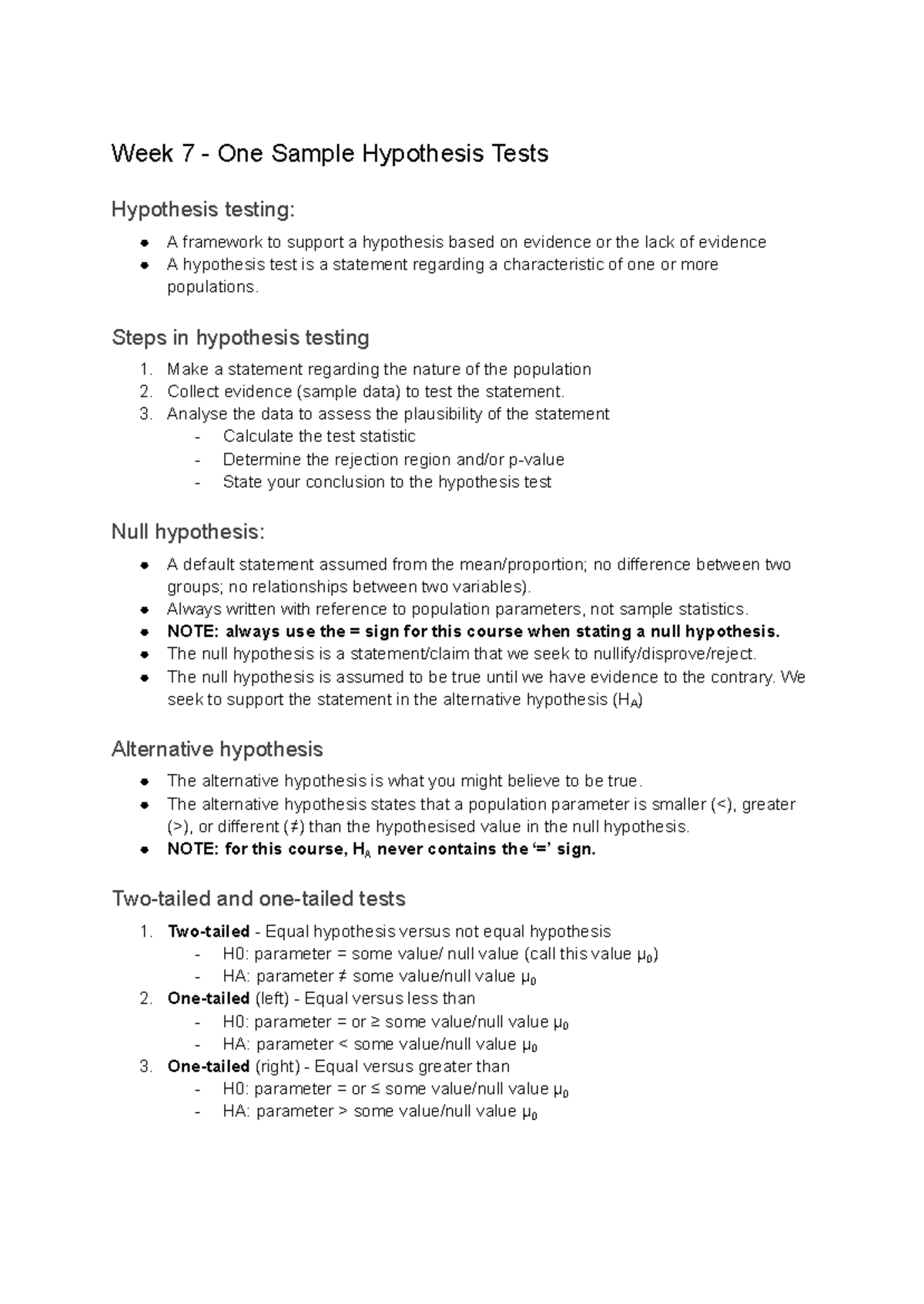 STAT 101: Week 7 - One Sample Hypothesis Tests Overview - Studocu