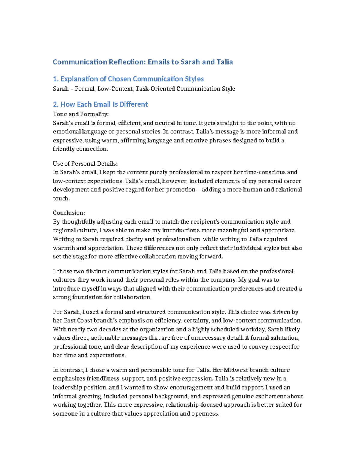 Updated Communication Reflection: Styles for Sarah & Talia - Studocu