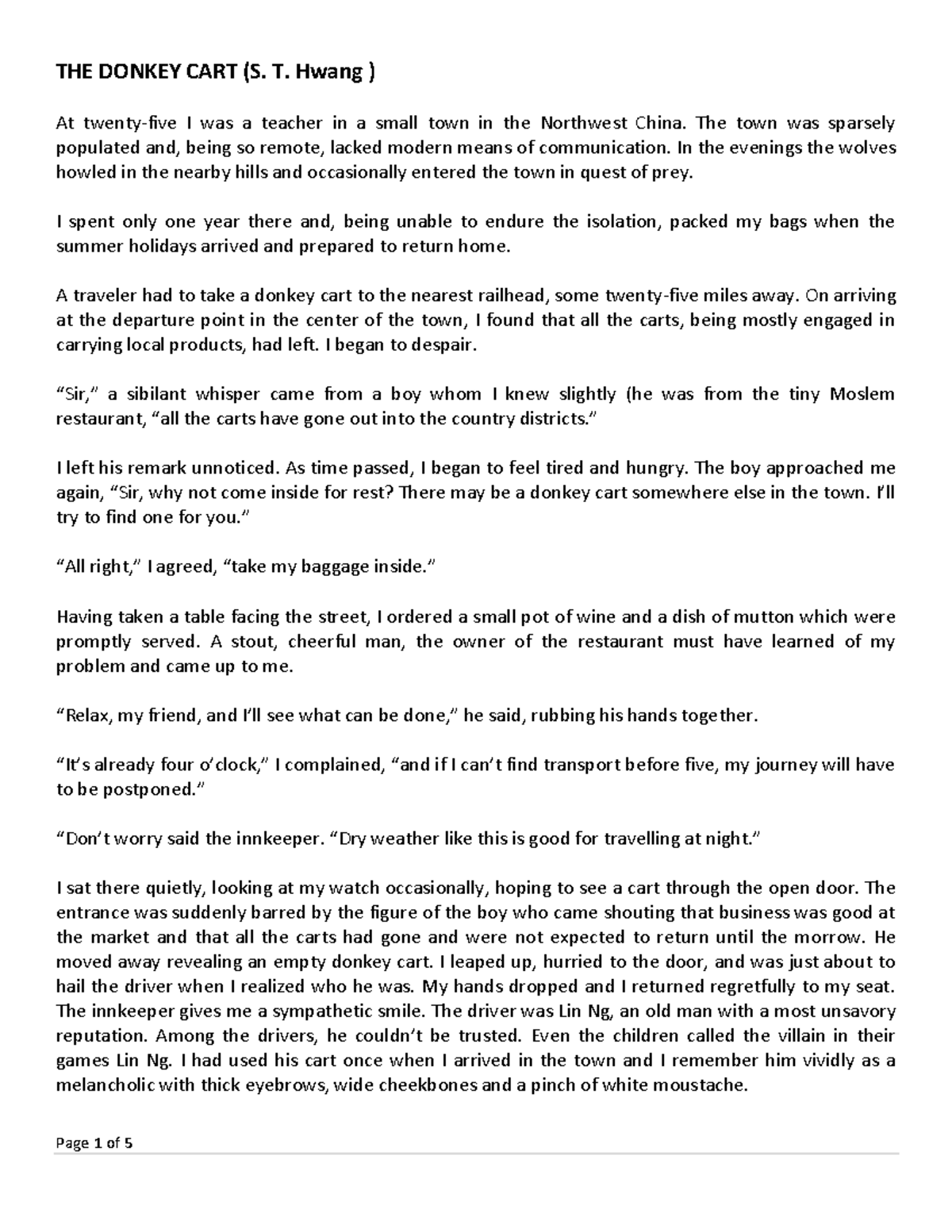 Final Exam Essay Notes: The Donkey Cart (S.T. Hwang) Analysis - Studocu