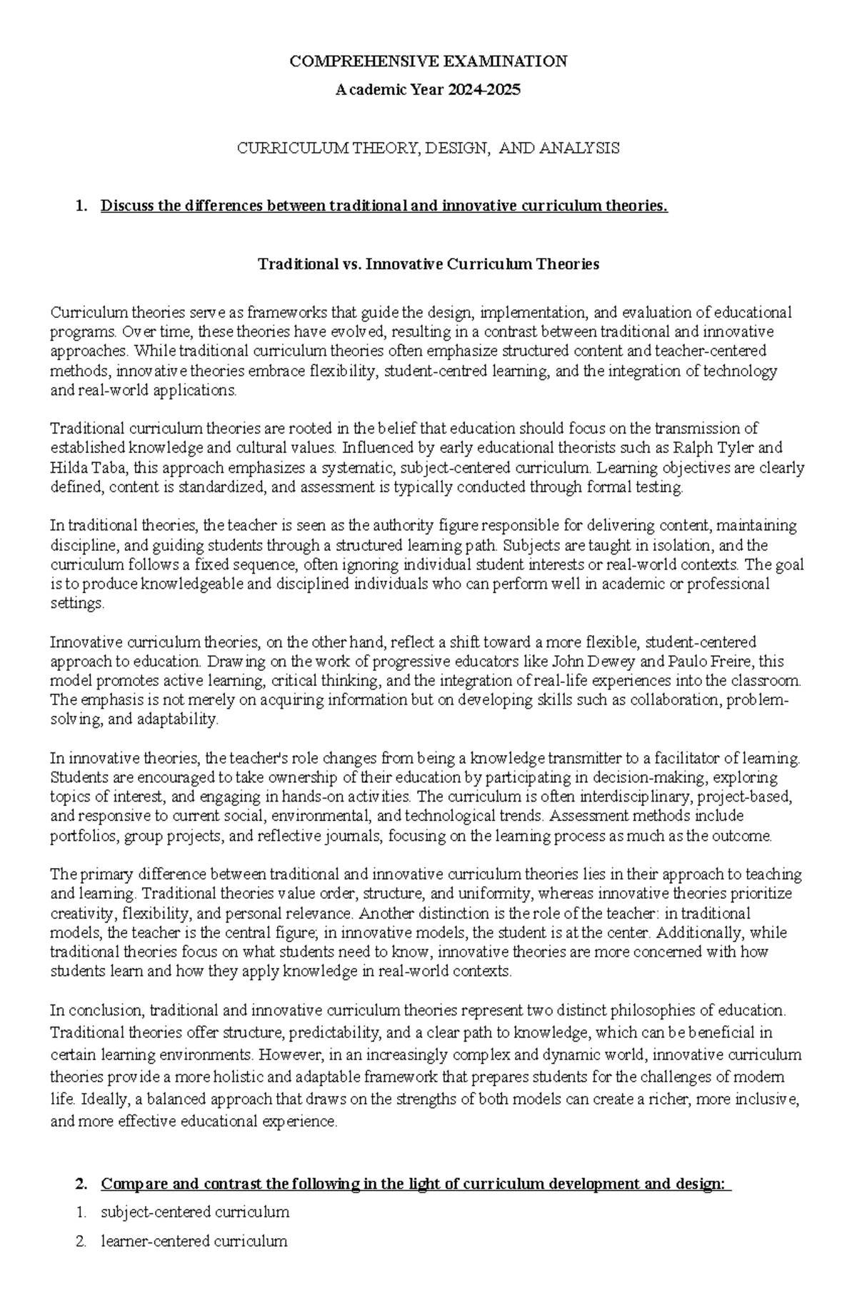 Comprehensive Examination: Curriculum Theory, Design, and Analysis ...