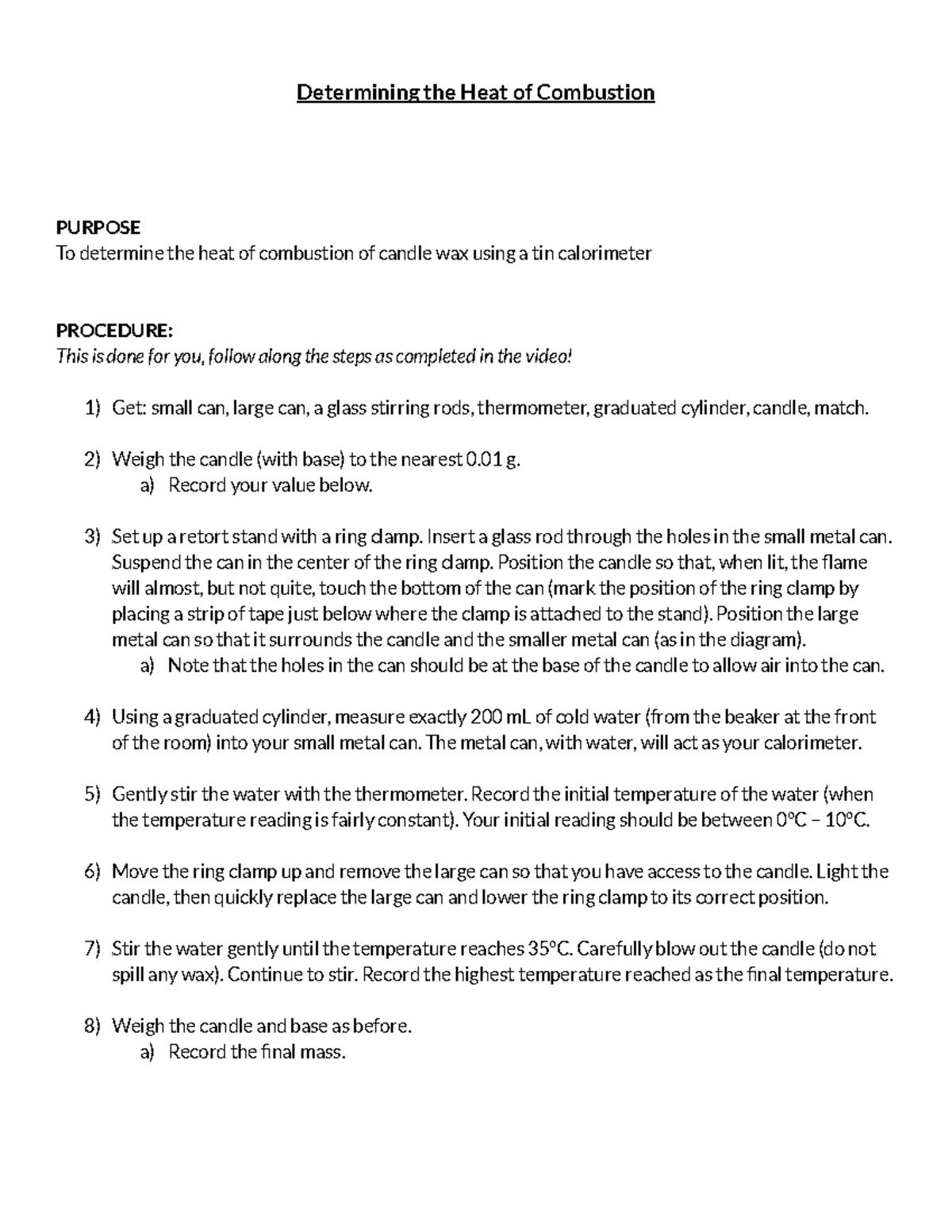 Lab Report: Heat of Combustion of Candle Wax (Chem 101) - Studocu