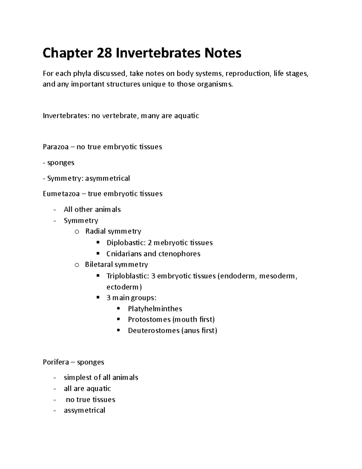 Chapter 28 Invertebrates Study Notes: Body Systems & Reproduction - Studocu