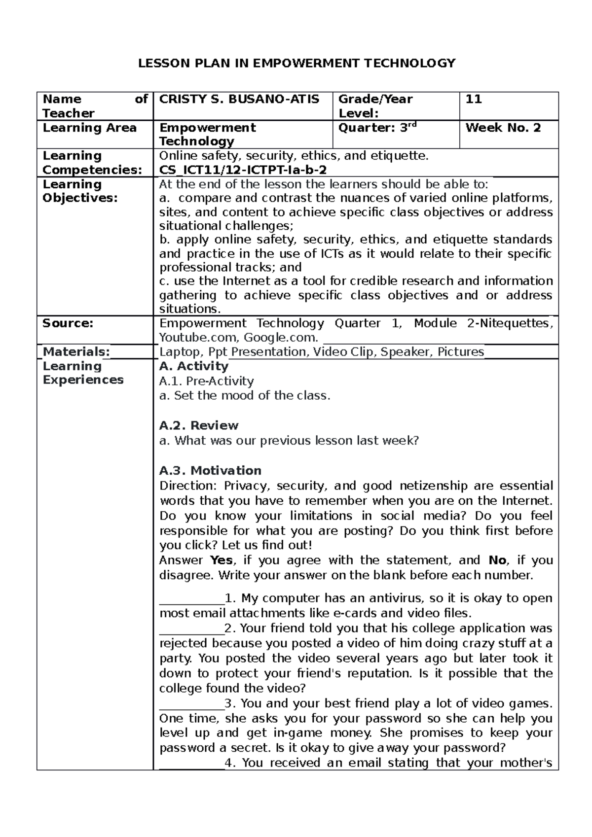 Lesson Plan in MIL 11: Online Safety & Netiquette Guidelines - Studocu