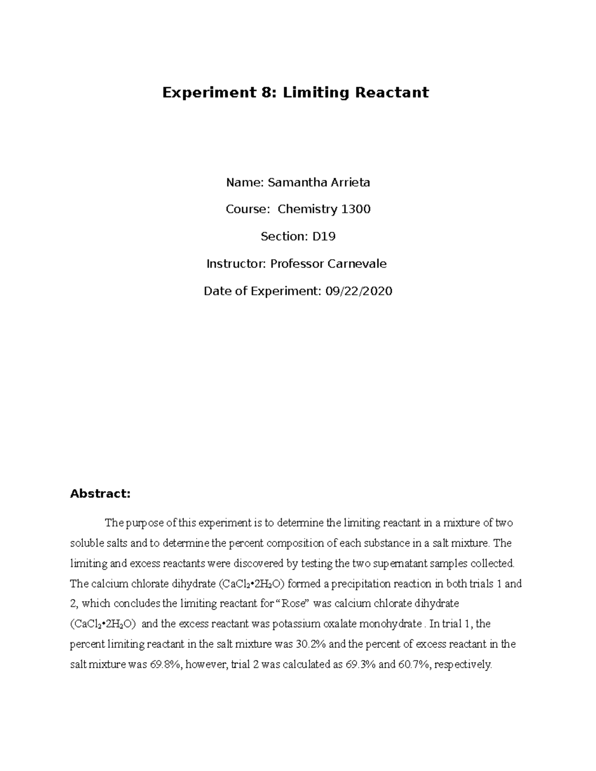 Experiment 8 Limiting Reactant - Experiment 8: Limiting Reactant Name ...