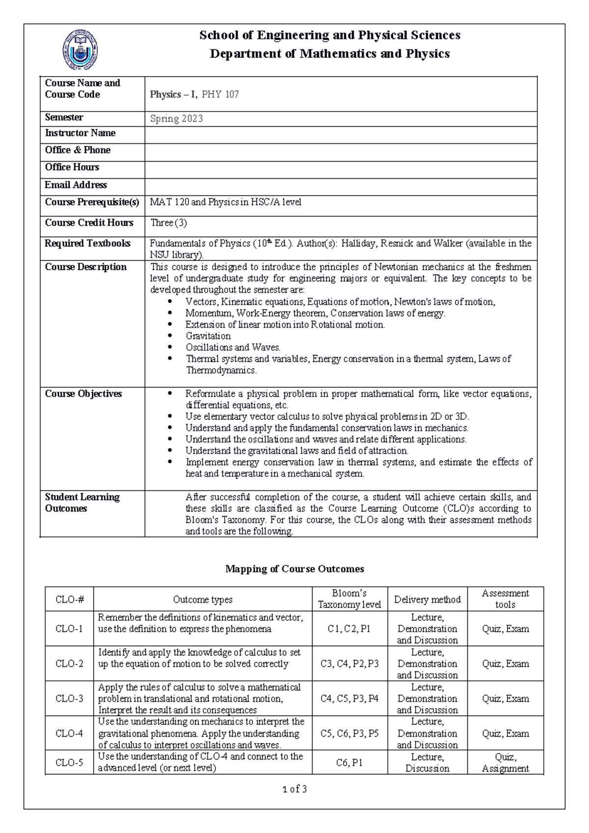 Physics I Course Outline - PHY 107 - Spring 2023 - Studocu