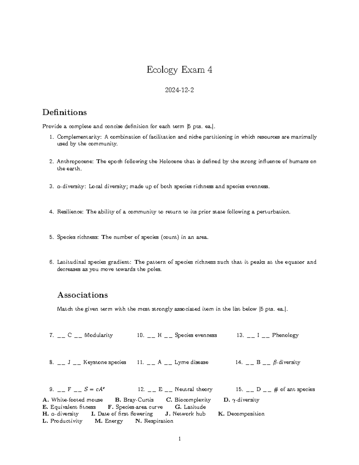 Ecology Exam 4 Key Definitions and Concepts - Studocu