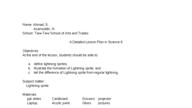 Science 9 Lesson Plan: Understanding Lightning and Sprites - Studocu