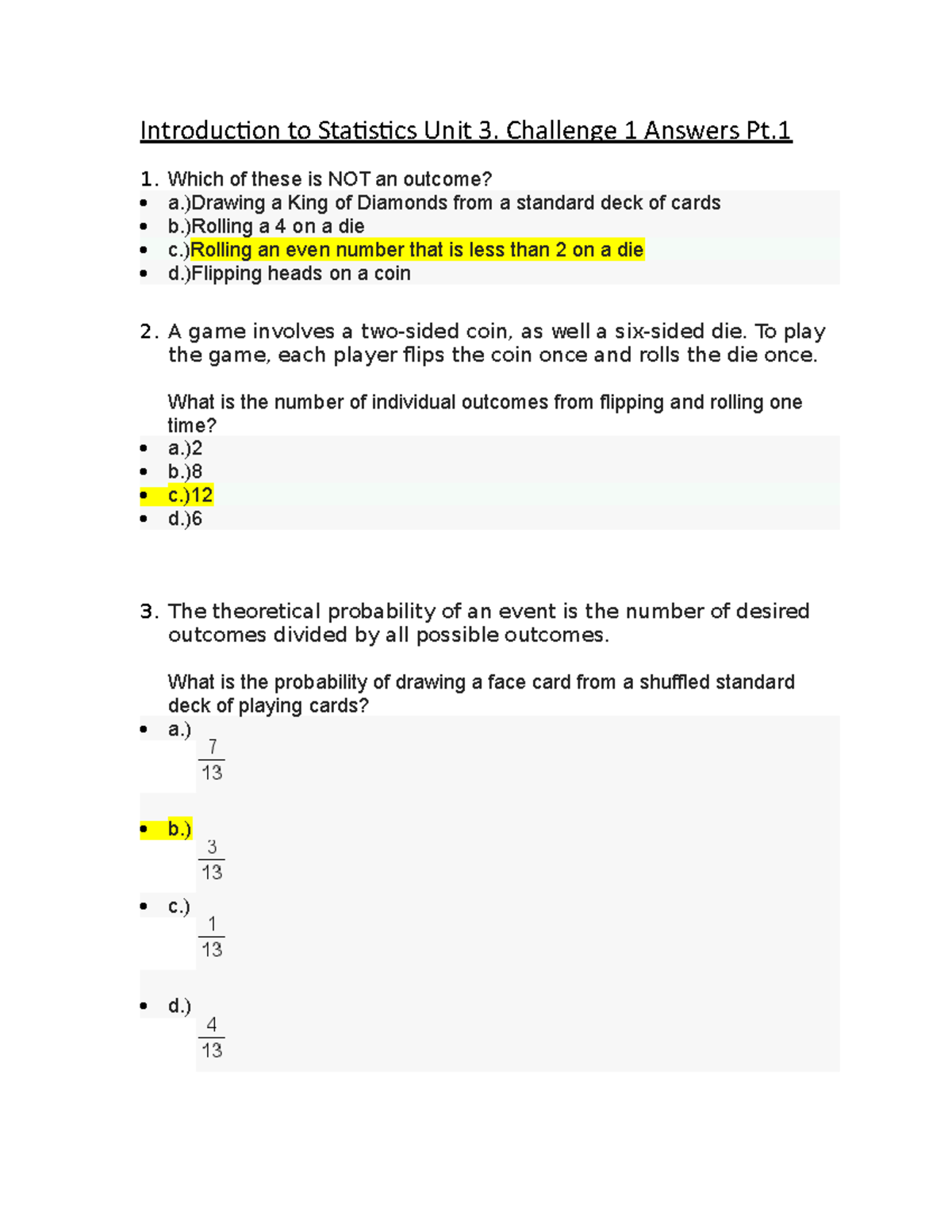 Unit 3 Challenge 1 Answers for Intro to Statistics (STAT101) - Studocu