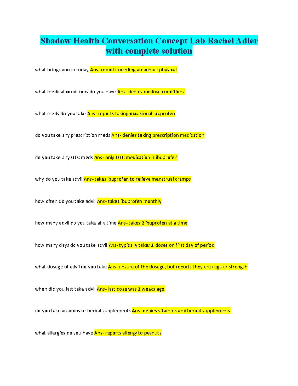 Shadow Health CNL Rachel Adler: Complete Solution for Patient Intake ...