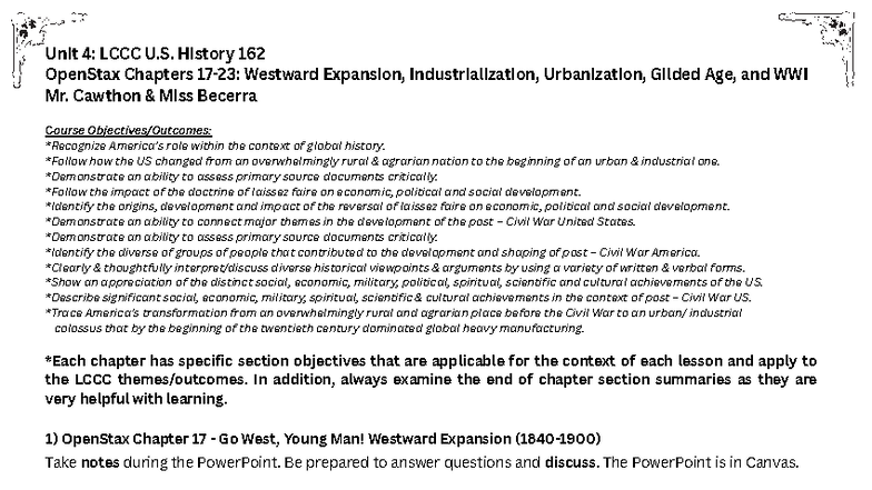 U.S. History 162: Unit 4 Study Guide on Westward Expansion ...