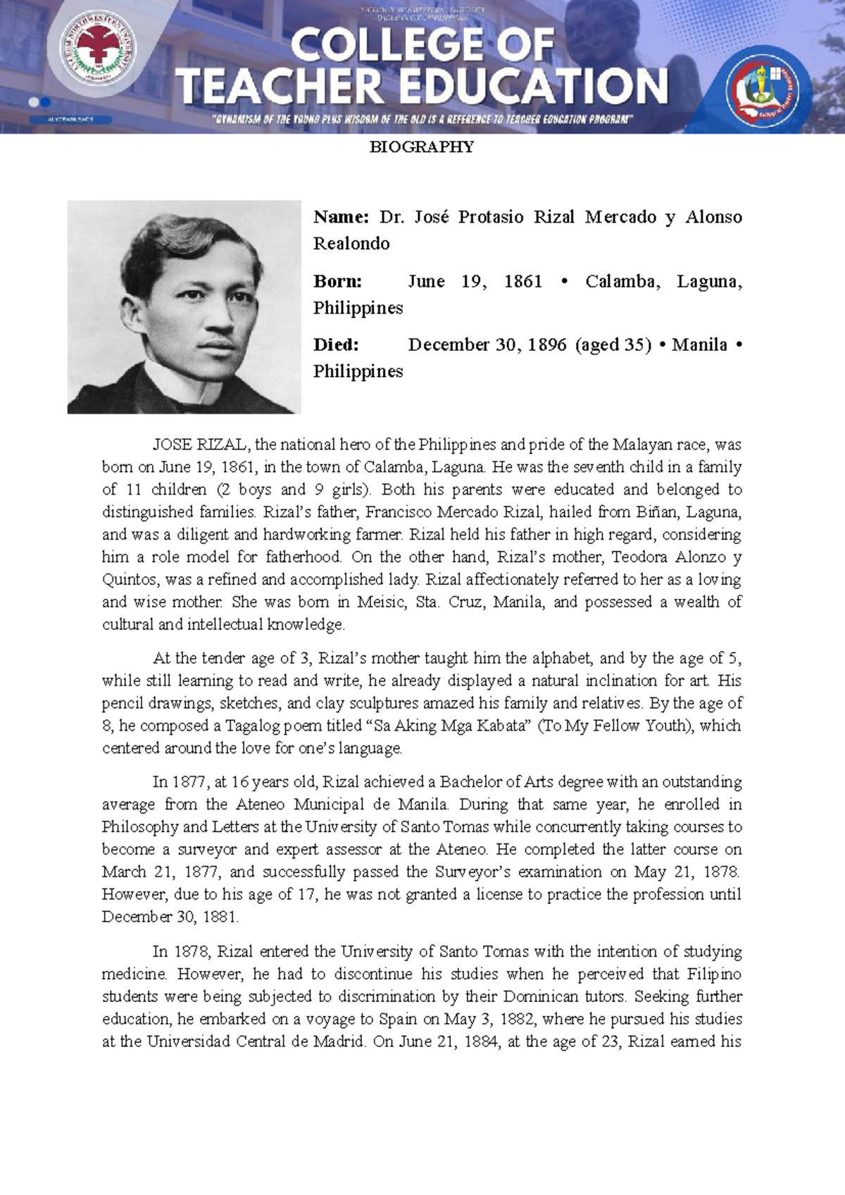 BIO 101: Biography of Dr. José Rizal - National Hero of the Philippines - Studocu