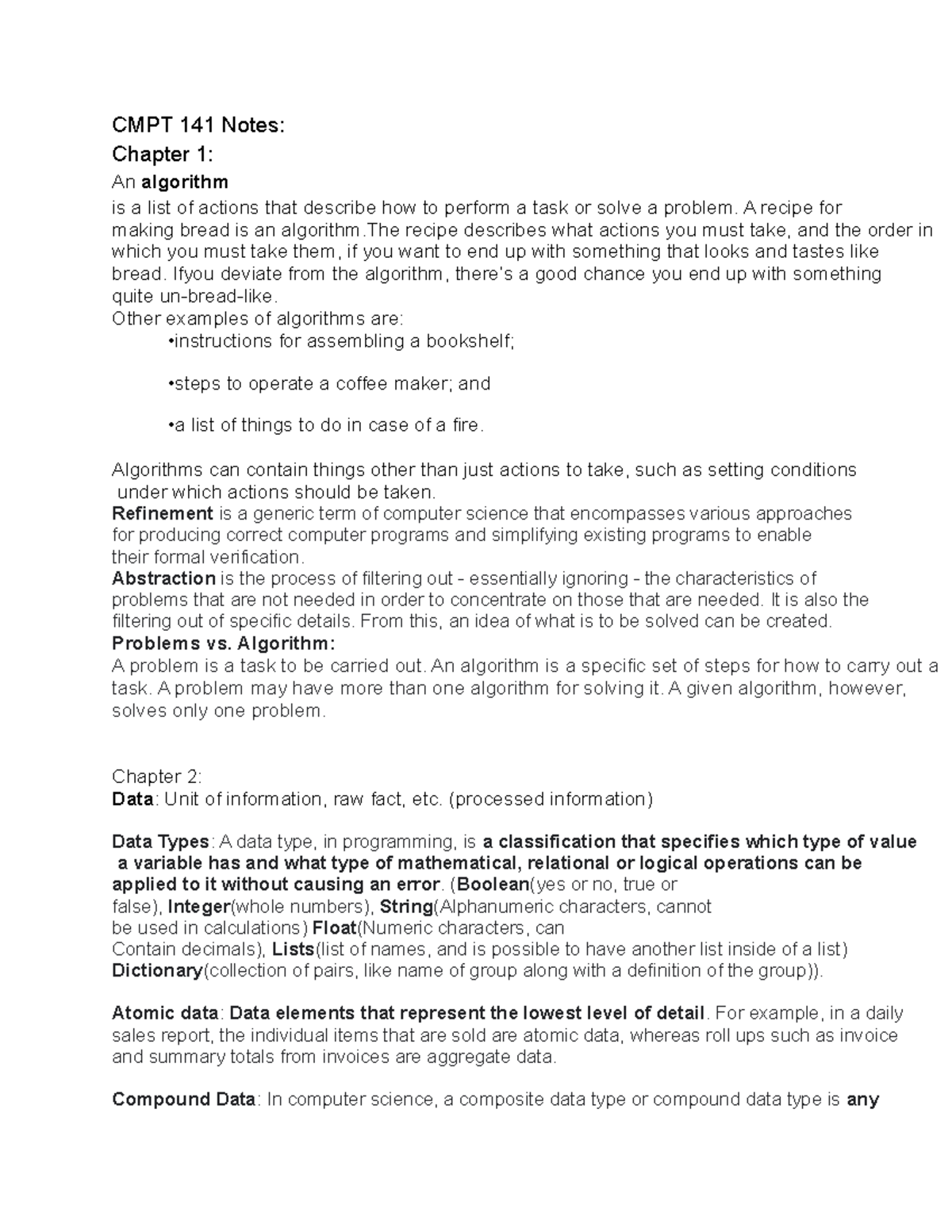 CMPT 141 Lecture Notes: Key Concepts and Algorithms Overview - Studocu