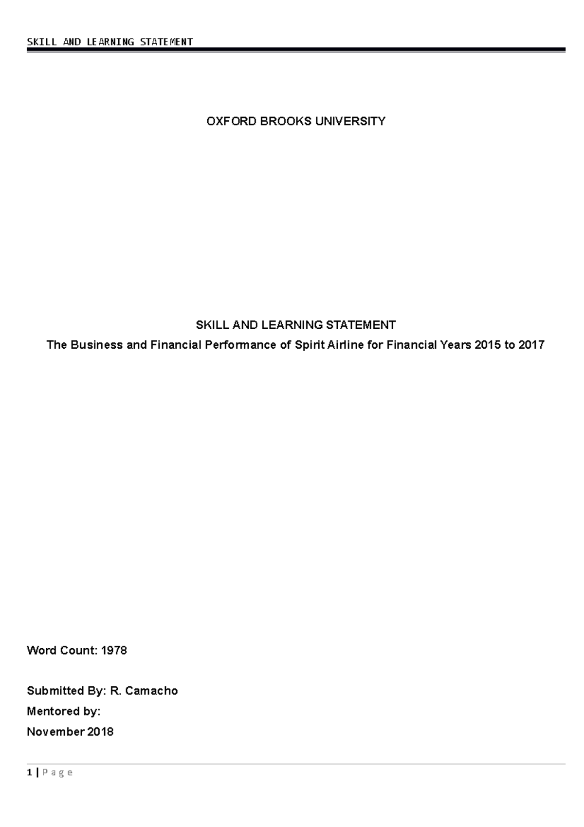 Skill and Learning Statement 1: Analysis of Spirit Airlines ...