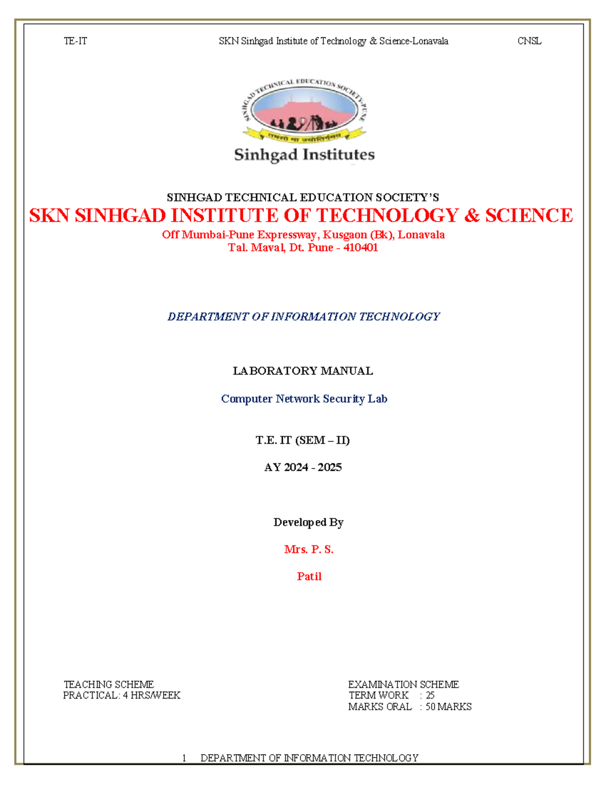 CNSL T.E. IT Lab Manual: Computer Network Security Lab Guide - Studocu