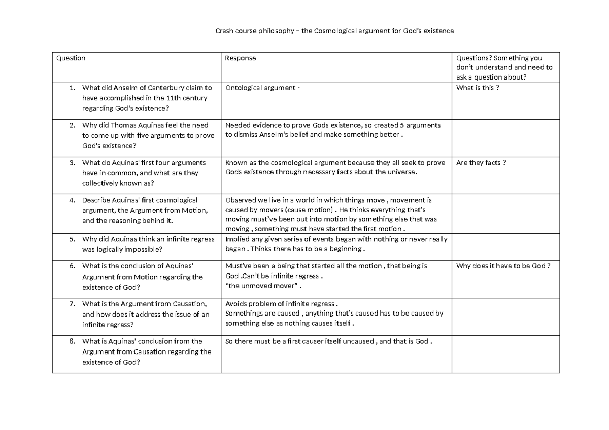 Crash Course Philosophy Cosmological arg comprehension questions ...