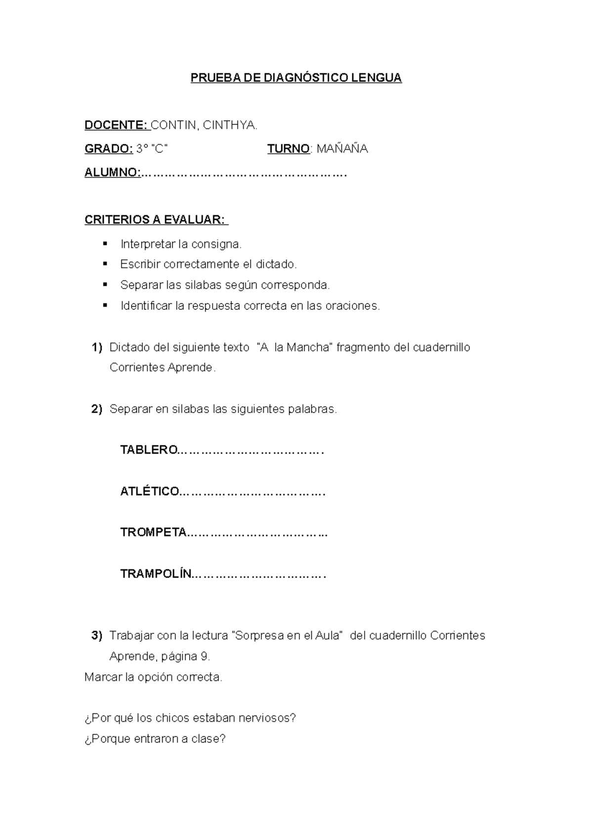 Prueba de Diagnóstico de Lengua - Grado 3° "C" - Studocu