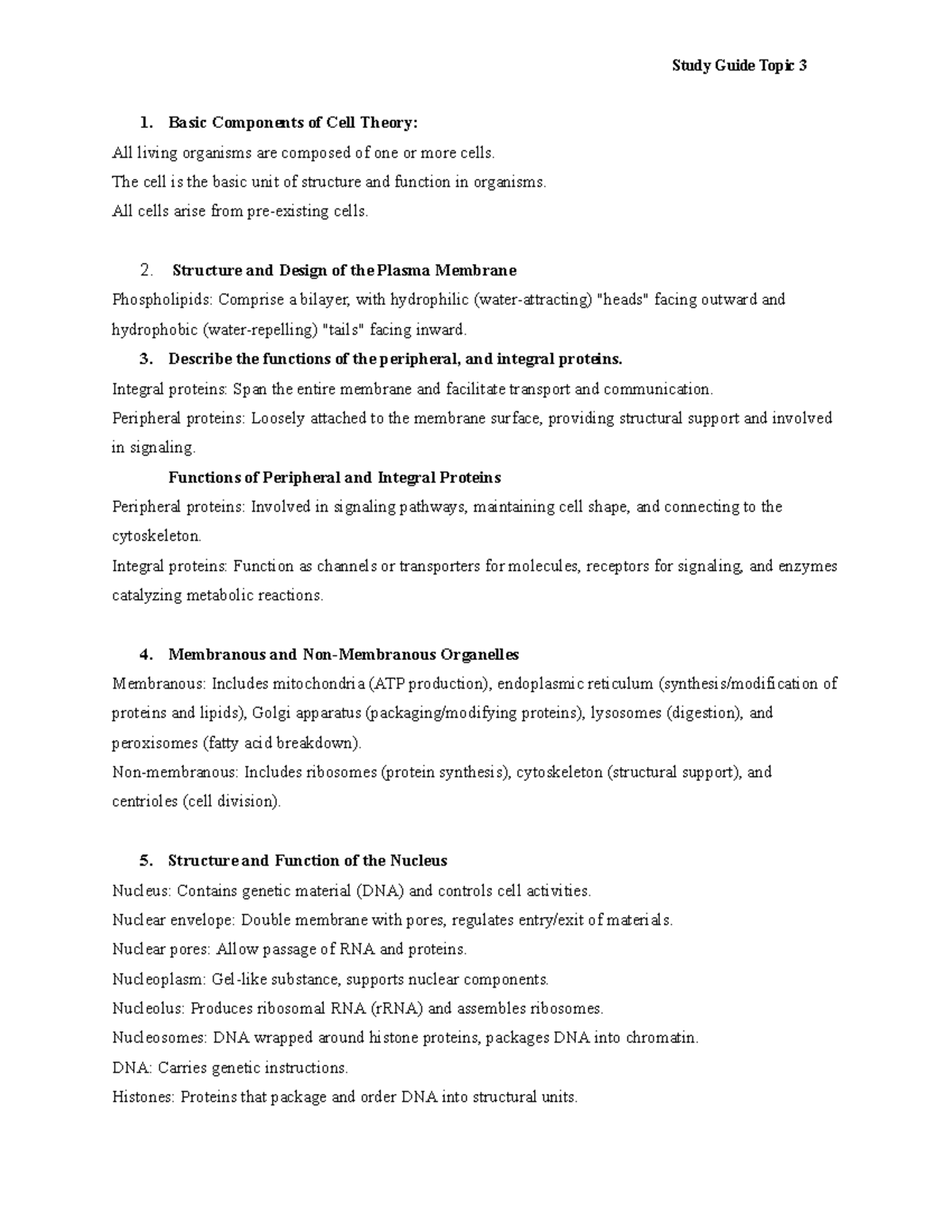 Study Guide Topic 3: Cell Structure, Transport, and Mitosis Concepts ...