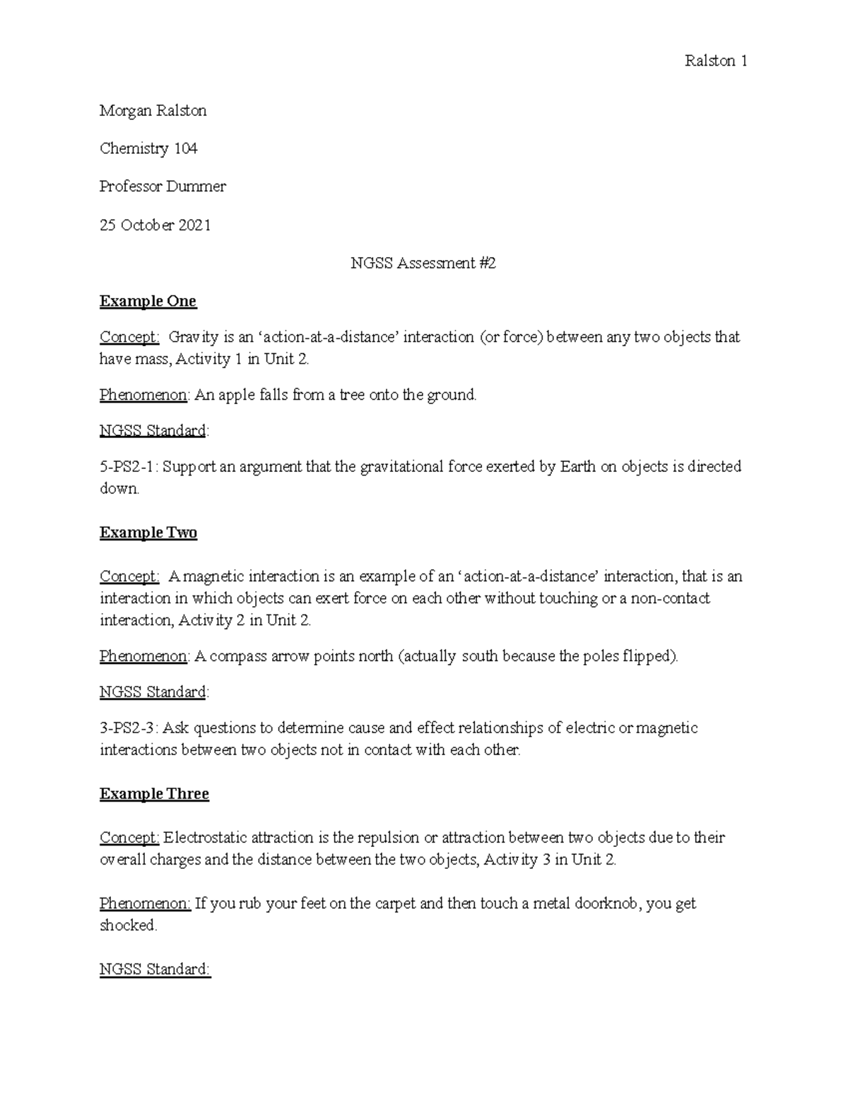 NGSS Assignment #2 - Lesson planning on an NGSS standard - Ralston 1 ...
