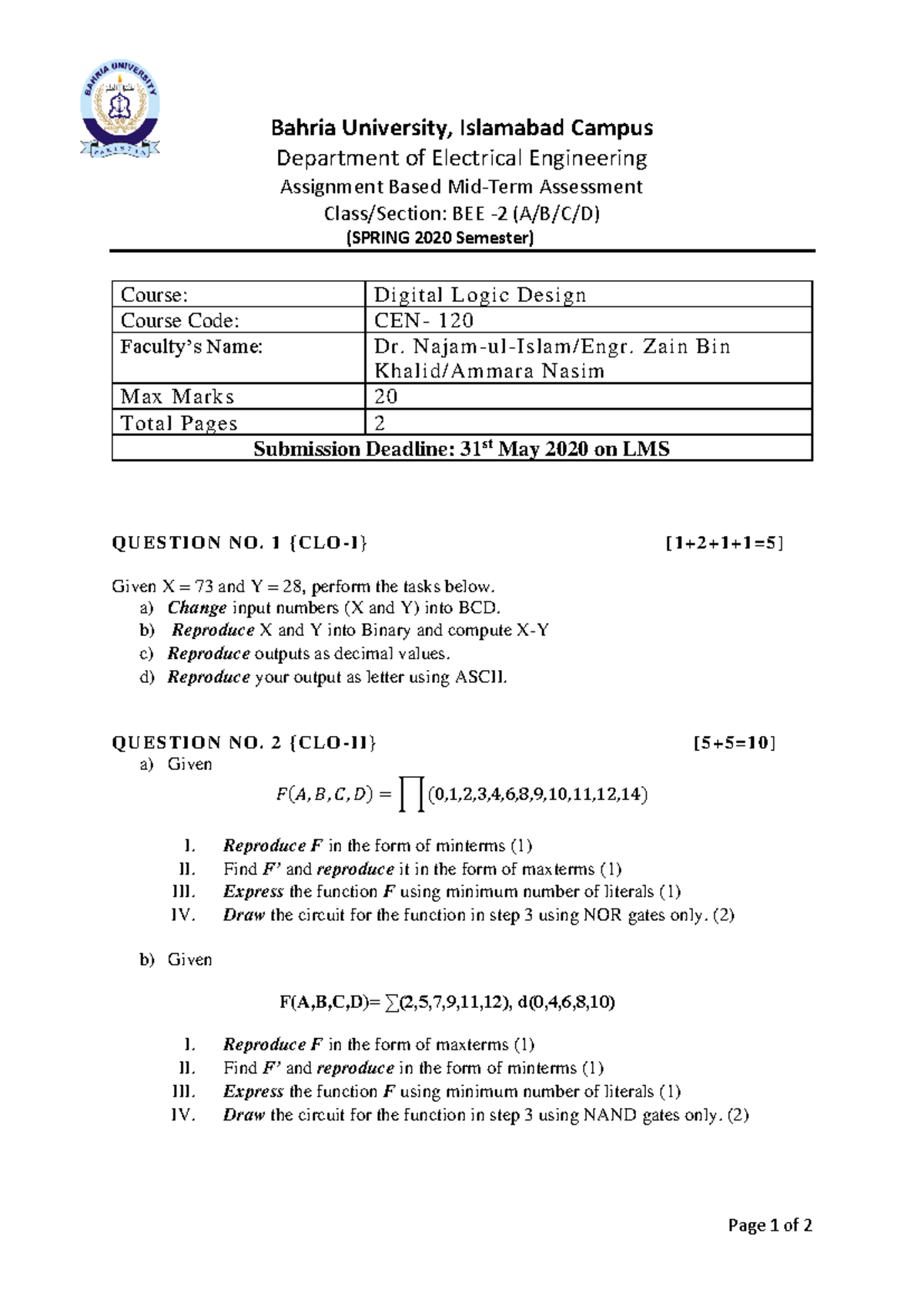 CEN-120-Digital-Logic-Design-Midterm-Assessment-SPRING-2020 - Studocu