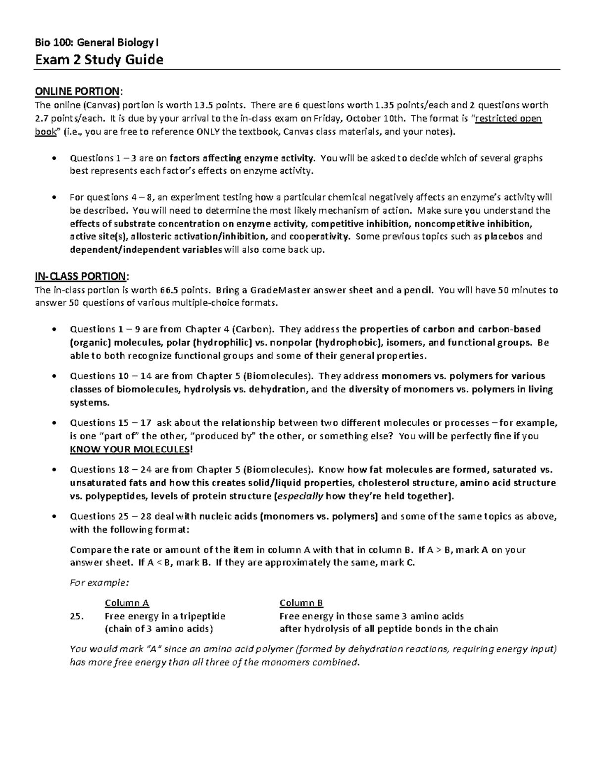 Bio 100: General Biology I - Exam 2 Study Guide on Enzymes ...
