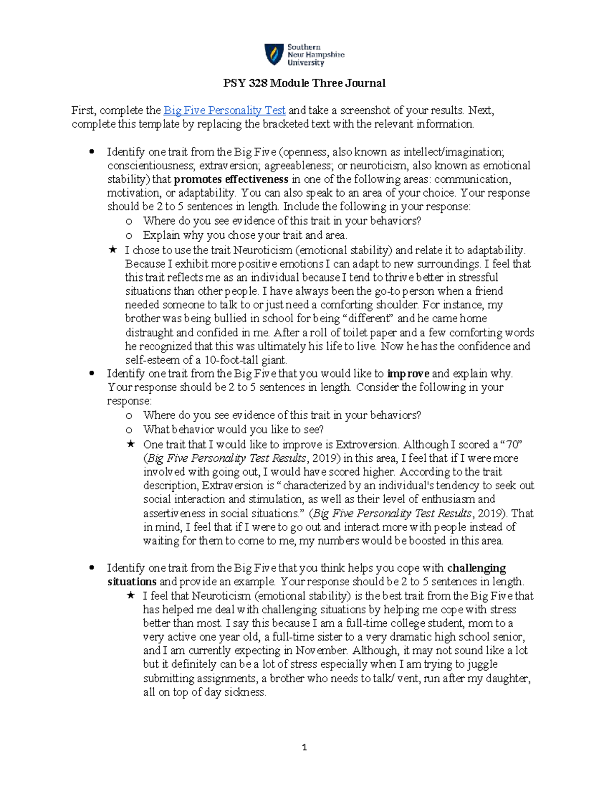 PSY 328 Big Five Personality Test Reflection Journal - Studocu