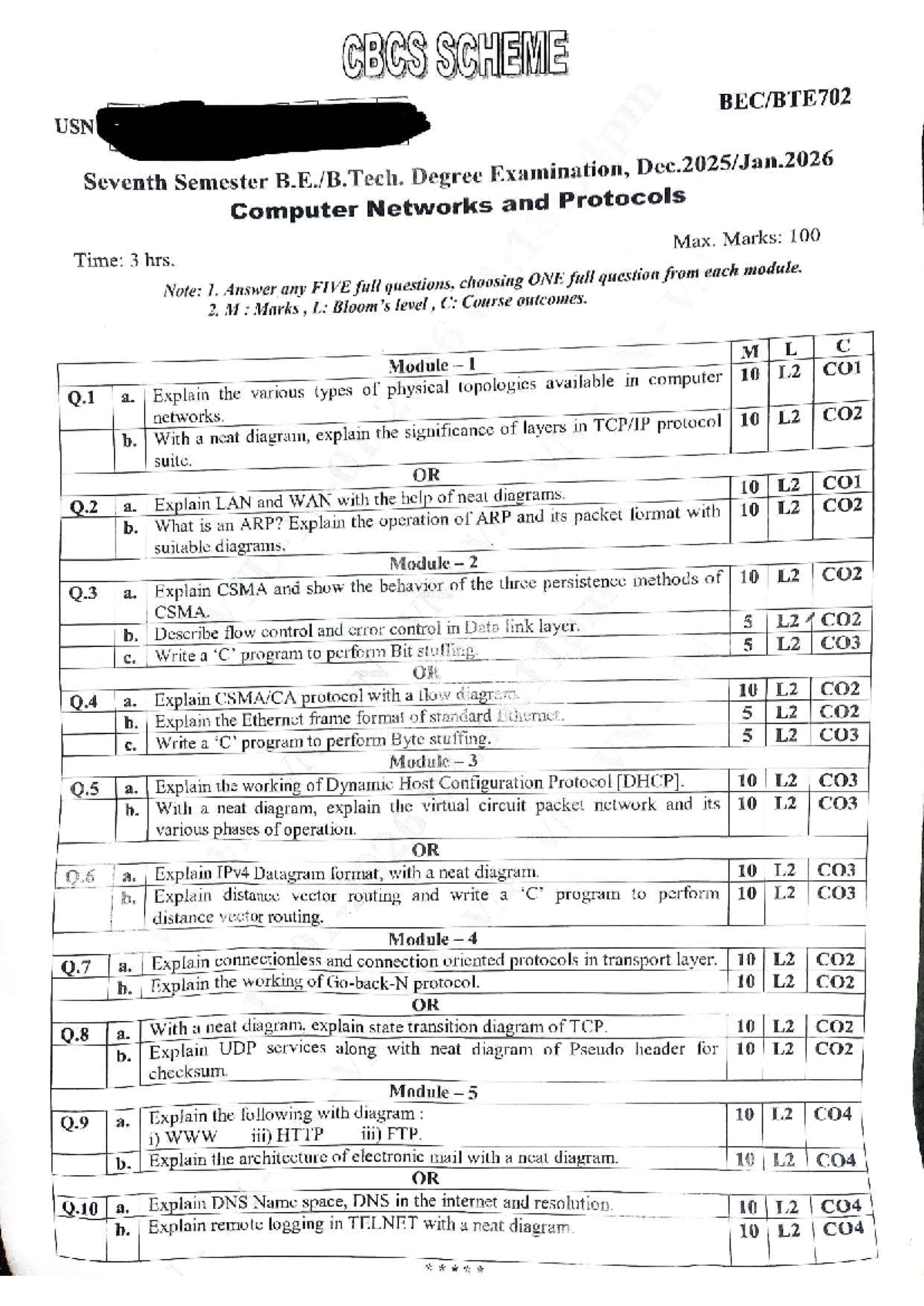 CNP 7th Sem Exam: Computer Networks & Protocols Question Paper - Studocu