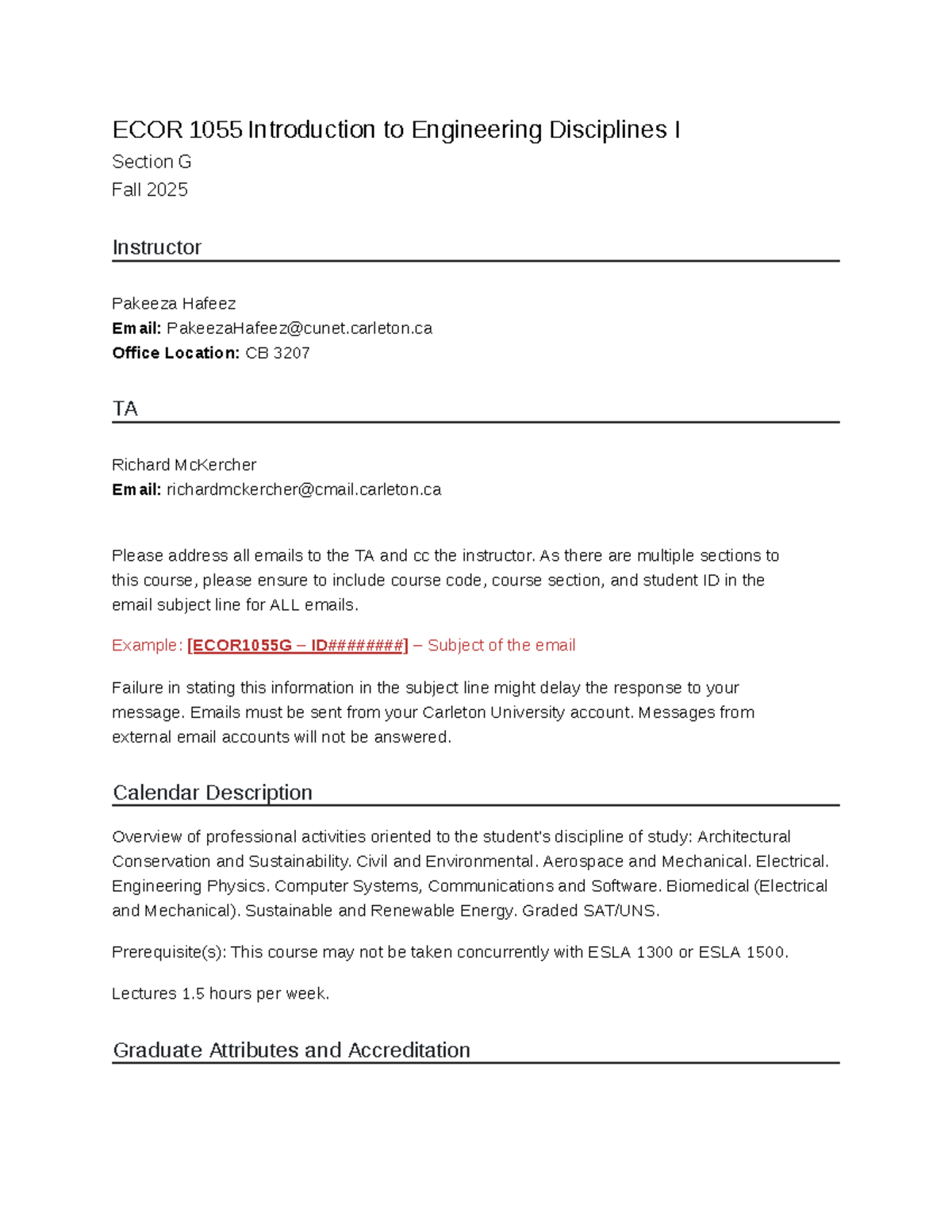 Fall 2025 ECOR 1055 G Intro to Engineering Disciplines I Overview - Studocu
