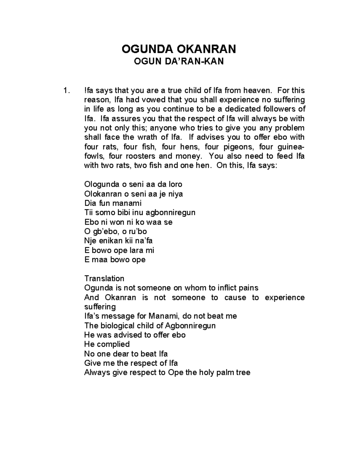 144 Ogunda Okanran - Ifa Divination and Ebo Offerings Insights - Studocu