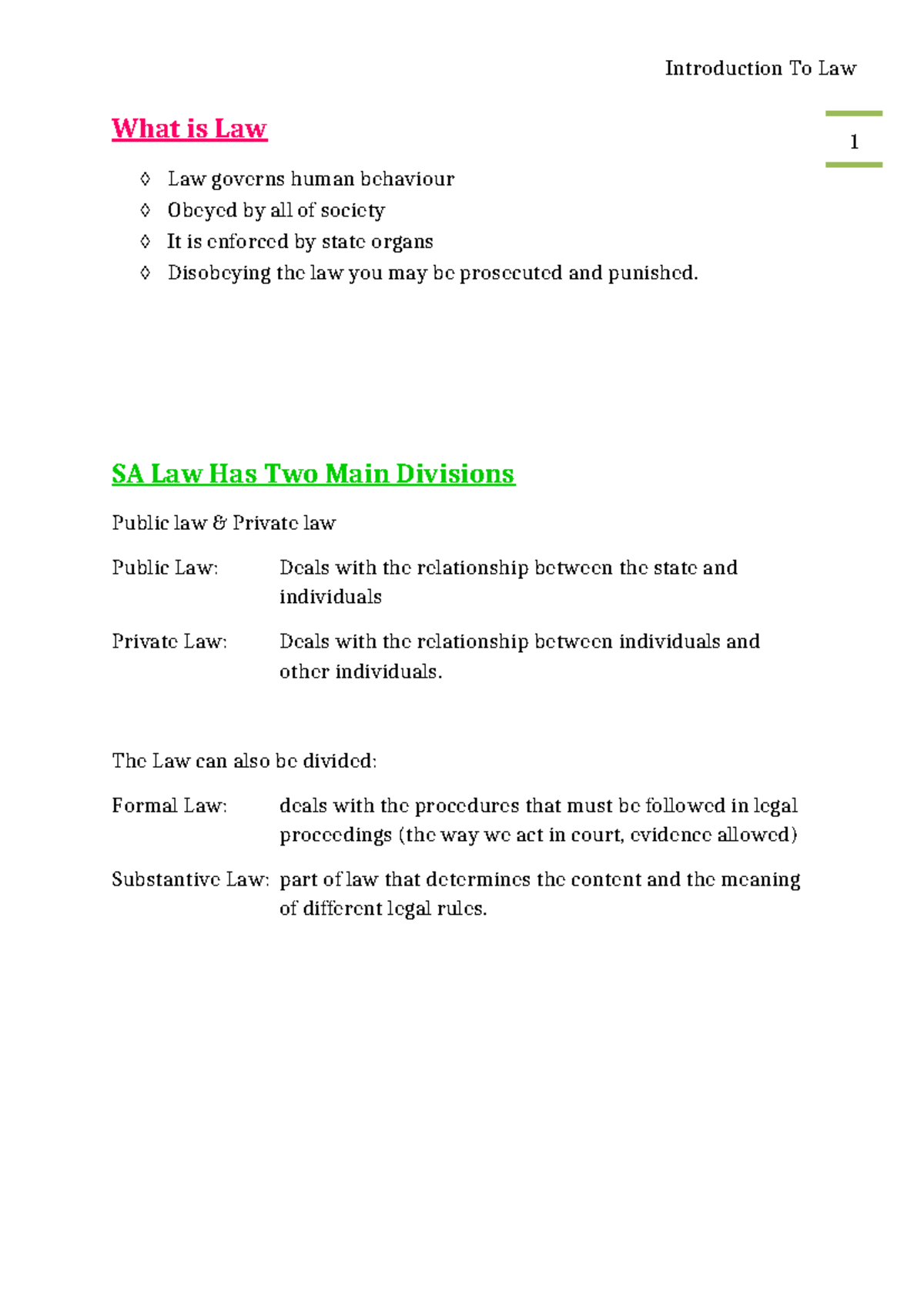 ILW1501-intro to law - Introduction to law - 1 What is Law Law governs ...