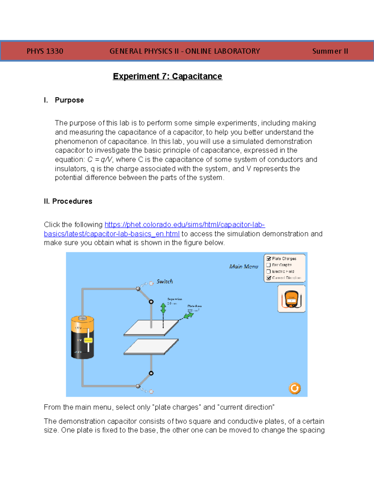 Experiment 7: Understanding Capacitance - PHYS 1330 Lab Report - Studocu