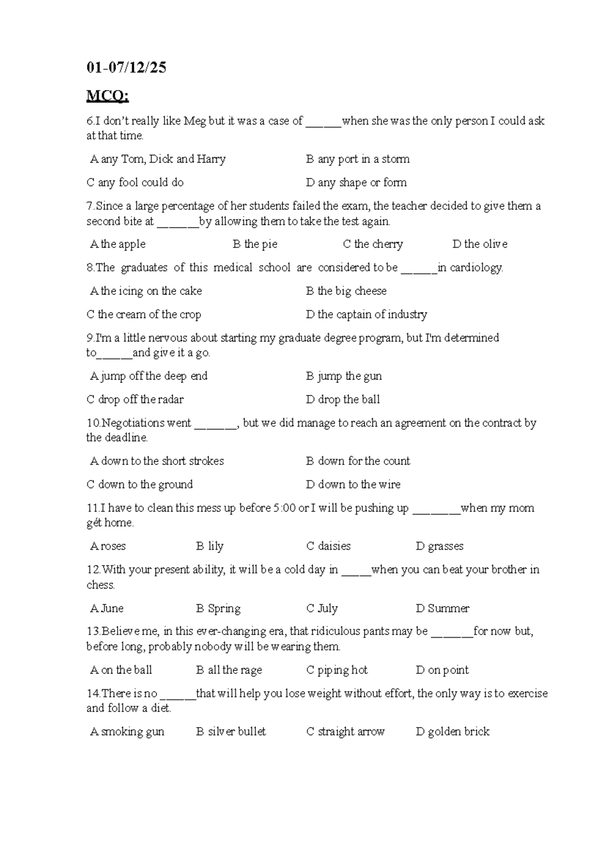 MCQ: English Idioms and Expressions Practice Test 01 - LKN - Studocu