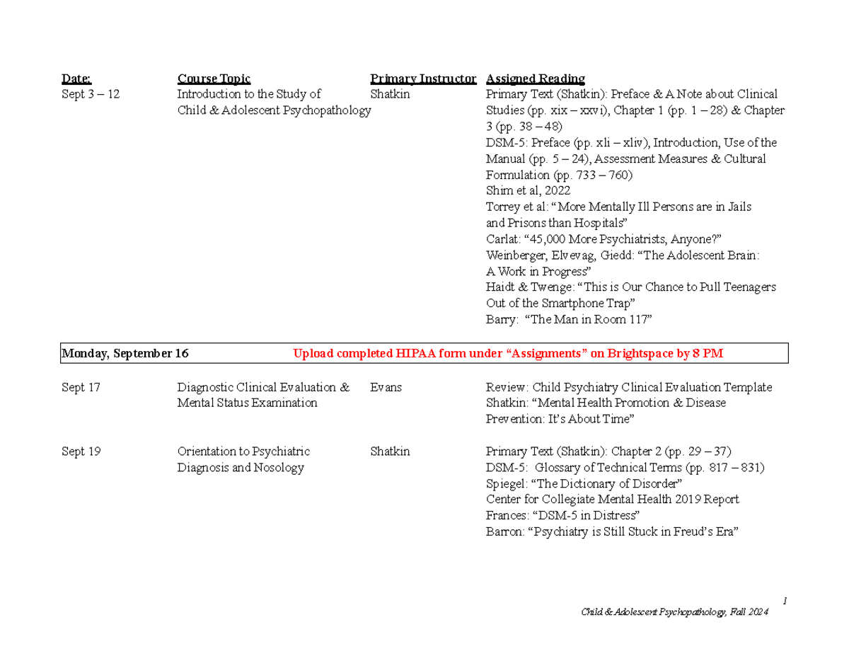 CAP Fall 2024 Syllabus - Date: Course Topic Primary Instructor Assigned ...