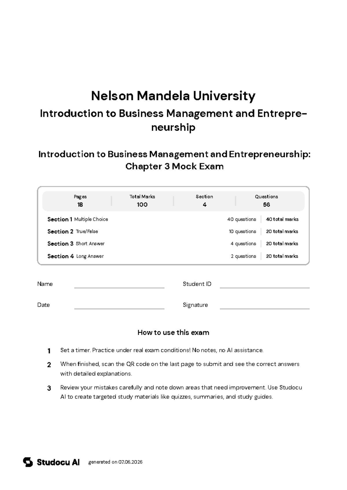 BMM1X10: Chapter 3 Mock Exam on Entrepreneurship - Studocu