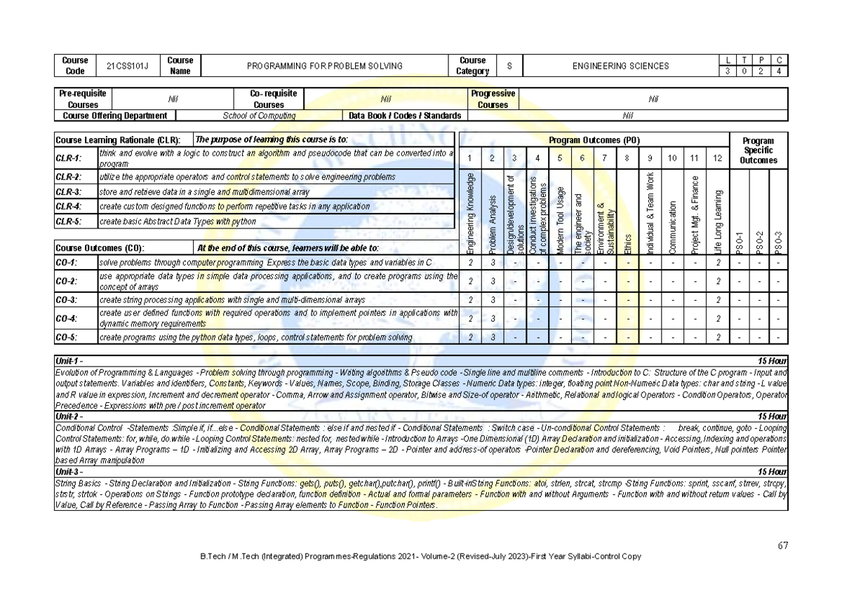 Programming for Problem Solving Syllabus - 21CSS101J (Revised 2023) - Studocu