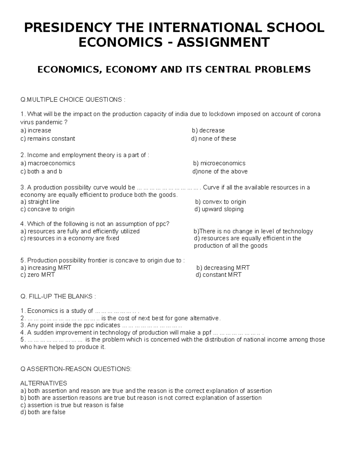 Economics- Assignment 3 - PRESIDENCY THE INTERNATIONAL SCHOOL ECONOMICS ...