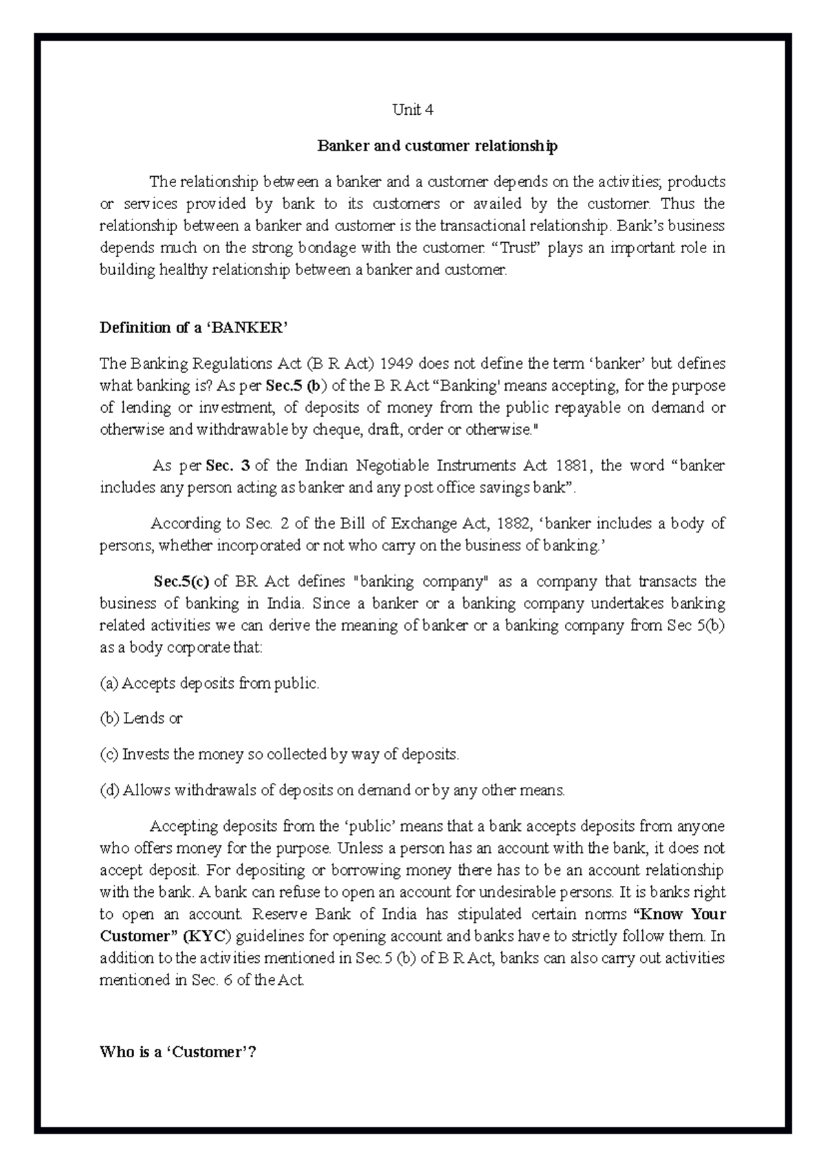 Unit 4 banking law - Notes - Unit 4 Banker and customer relationship ...