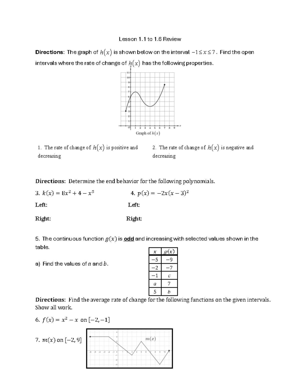 Lesson 1.1-1.6 Review: Analyzing Polynomial Functions and Their ...