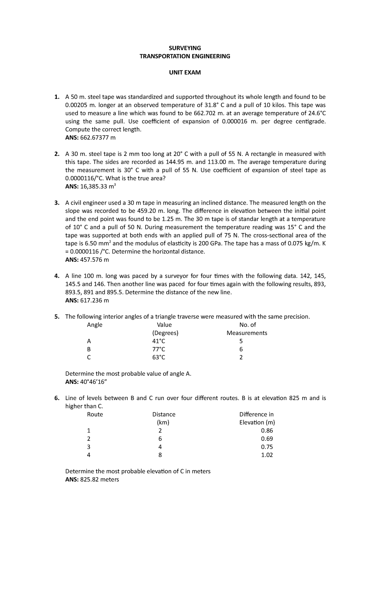 Surveying and Transportation Engineering - Unit Exam Questions and ...